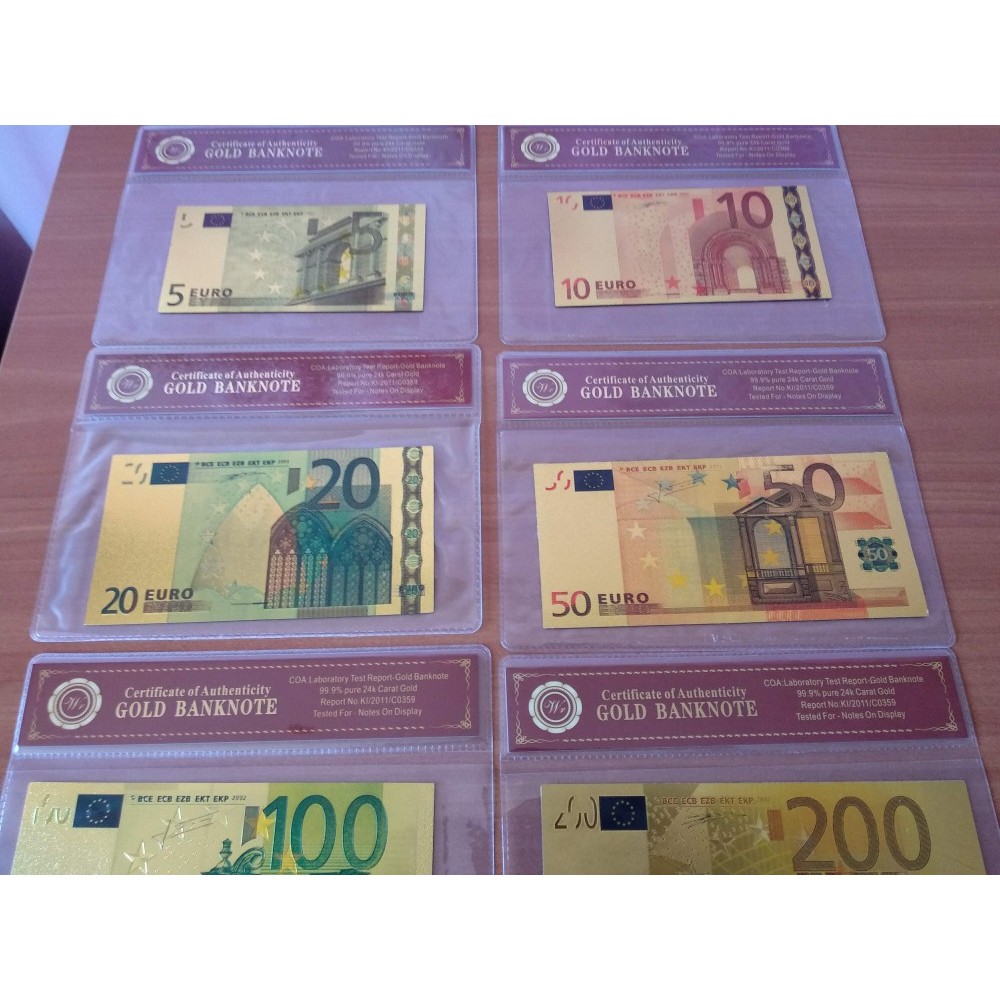 Set 8 bancnote EURO 1 5 10 20 50 100 200 500 1000 placate cu aur UNC ...