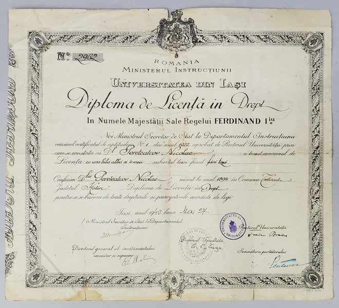 DIPLOMA DE LICENTA IN DREPT , UNIVERSITATEA DIN IASI , ELIBERATA LA 27 ...