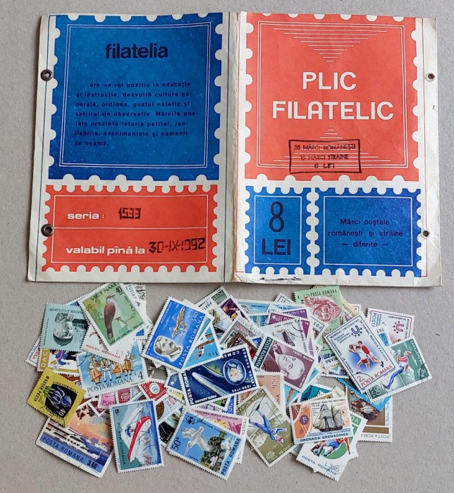 1992 - Plic filatelic de 8 lei cu 30 timbre romanesti si 15 straine ...