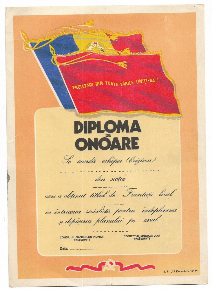 A1440 Diploma de onoare fruntas in intrecerea socialista pt indeplinire ...