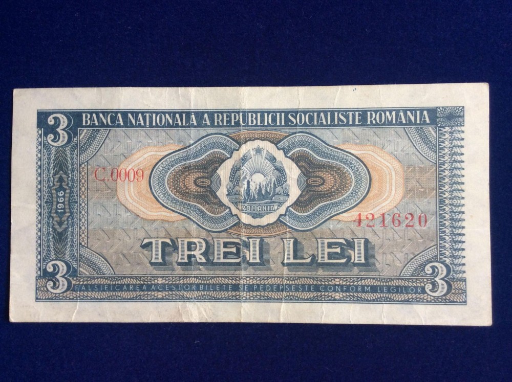 Bancnote Romania - 3 lei 1966 - seria C0009 421620 (starea care se vede ...