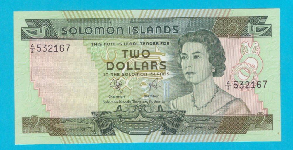 Insulele Solomon 2 Dollars 1977 'Pescuit traditional' UNC serie: A/2 ...