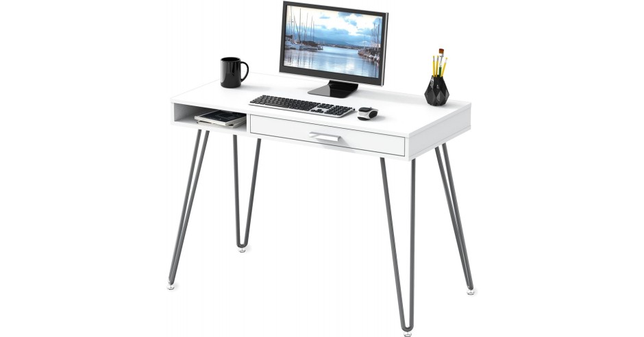 Birou pentru computer de 100 cm cu sertar și picior în ac de păr, alb ...