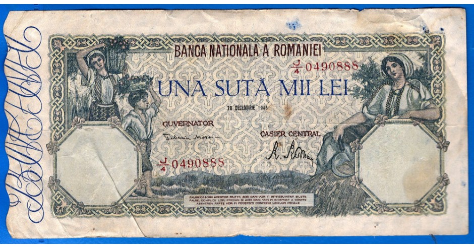 (71) BANCNOTA ROMANIA - 100.000 LEI 1946 (20 DECEMBRIE 1946), FILIGRAN ORIZONTAL | arhiva Okazii.ro