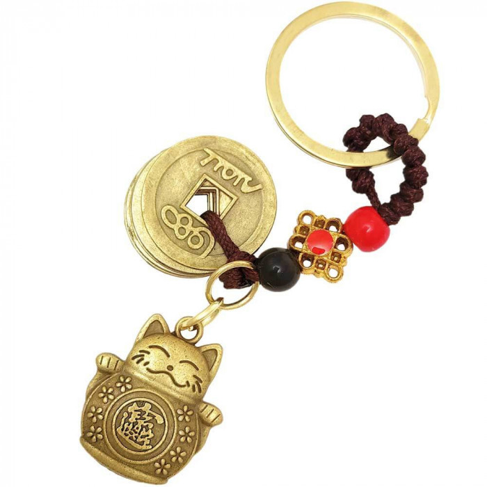 Breloc Pisica Maneki Neko, simbol de bani si protectie de rele, metal ...