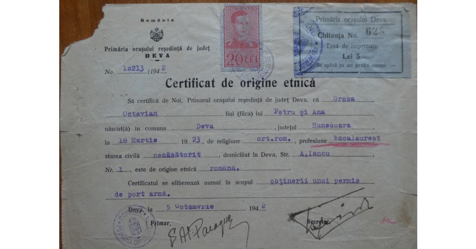 Certificat de origine etnica, Octavian Groza, fratele lui Petru Groza ...