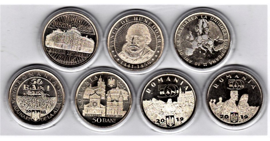Lot 7 monede 50 bani COMEMORATIVE 2015 2016 2017 2018 2019 UNC in ...