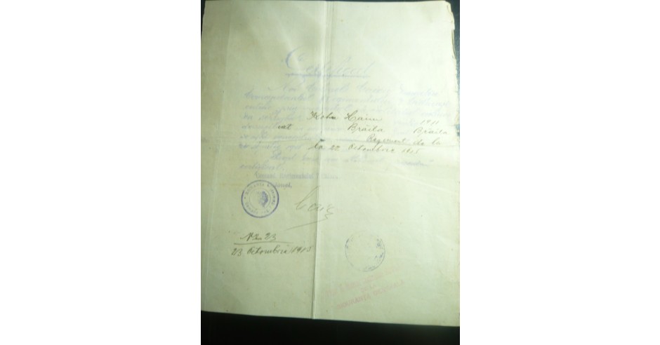 Certificat scris de Comandantul Regiment 7 Calarasi 1915 ,Col. Dumitru ...