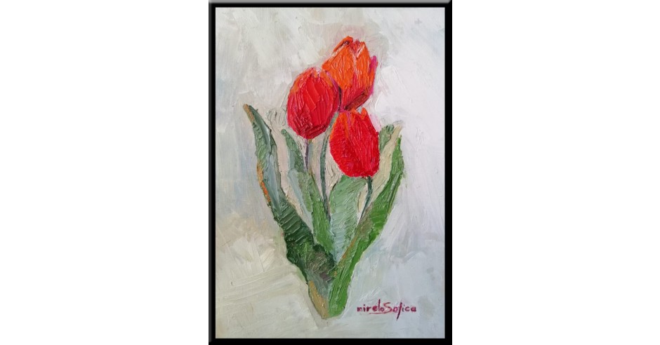 Lalele rosii pictate in ulei pe carton inramat, pictura ideala cadou ...