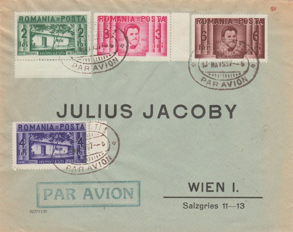 1937 Romania - Plic posta aeriana cu seria completa Centenar Creanga ...