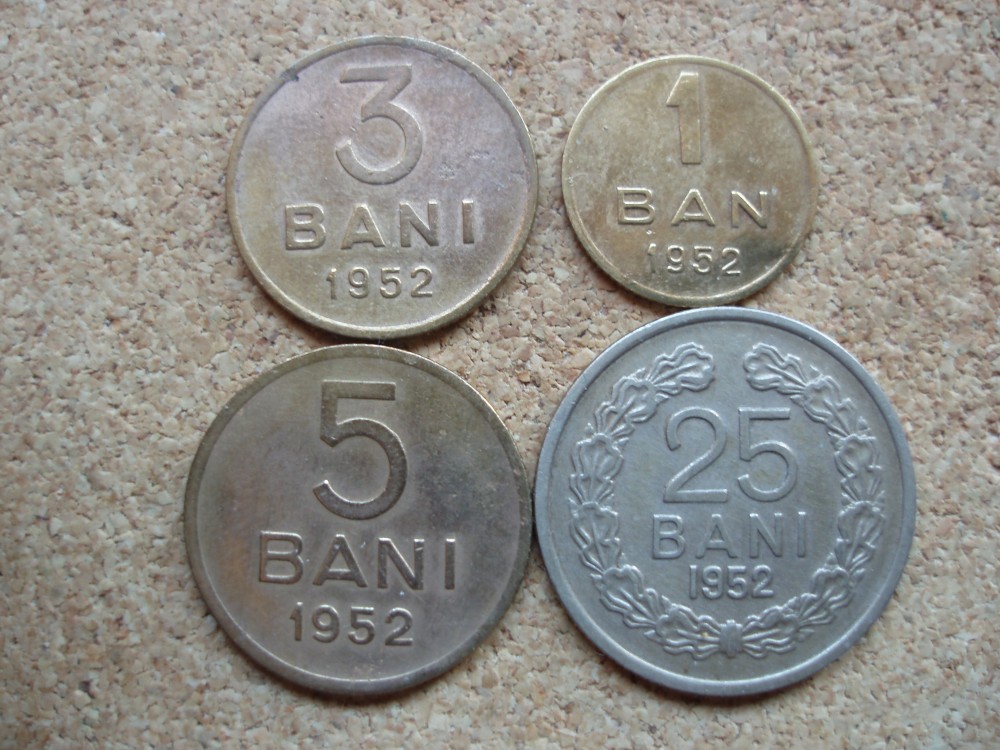 ROMANIA -SET 1 BAN +3 BANI + 5 BANI + 25 BANI 1952 , RPR , L 7.3 ...