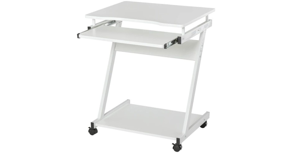 Birou calculator, pe roti, metal, pal, cu raft tastatura, alb, max 30 ...