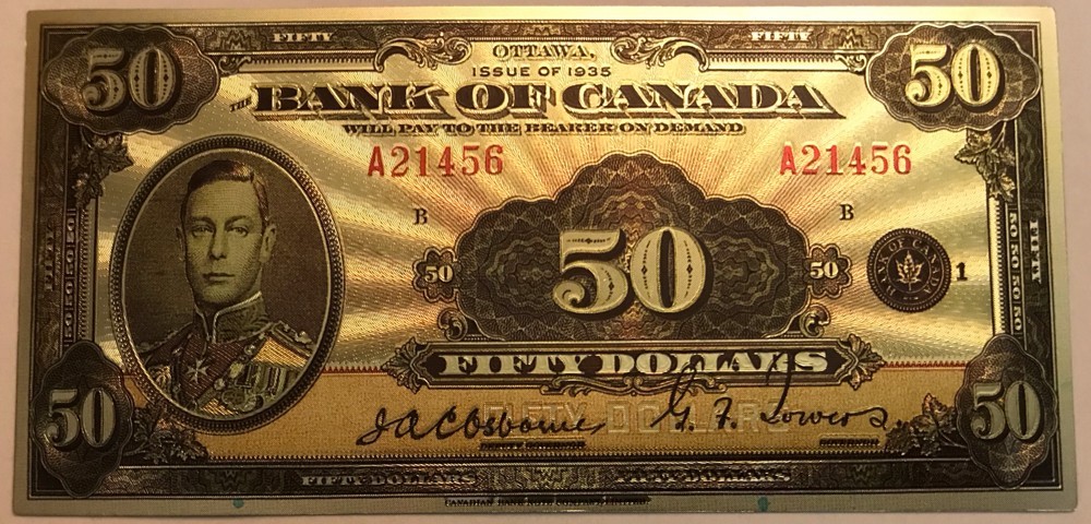 50 Dolari 1935 Bank of Canada bancnota polimer rara placata argint ...