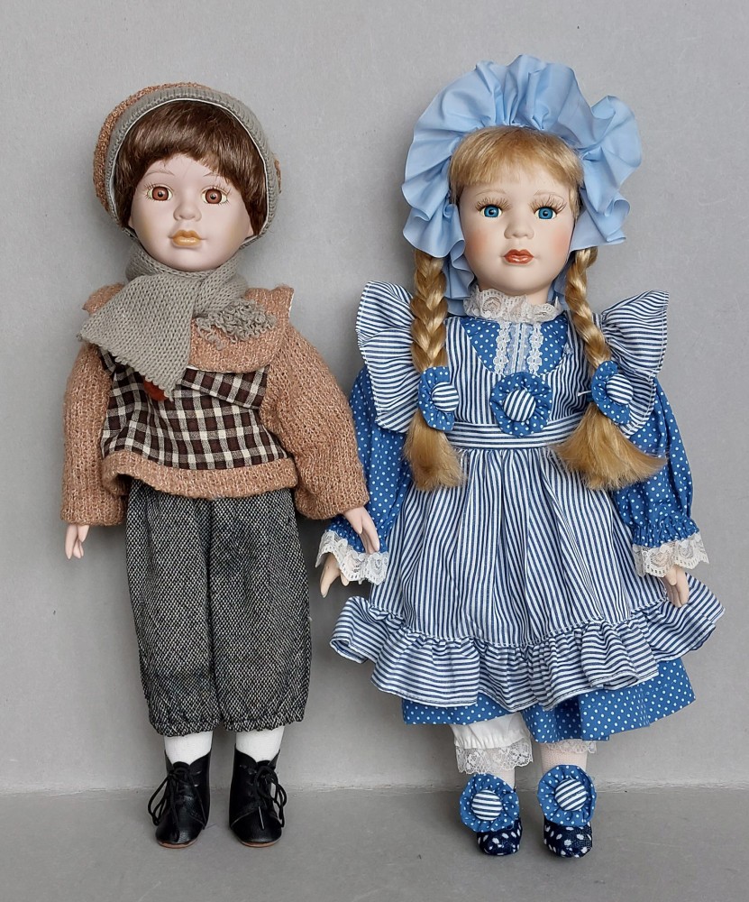 Set 2 papusi vintage de colectie din portelan, jucarii fetita + baietel ...