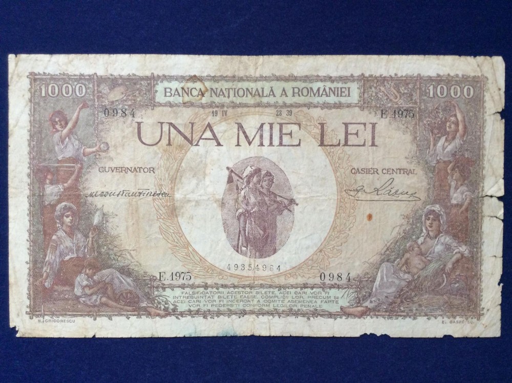 Bancnote Romania - 1000 lei 1939 - seria E 1975 0984 - SUPRATIPAR ...