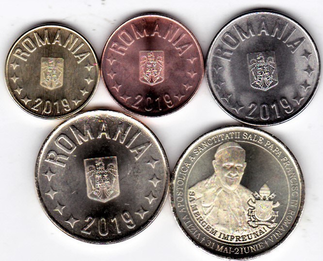 SERIE 2019 1 ban+5+10+50 bani+50 bani comemorativ VIZITA PAPEI a.UNC ...