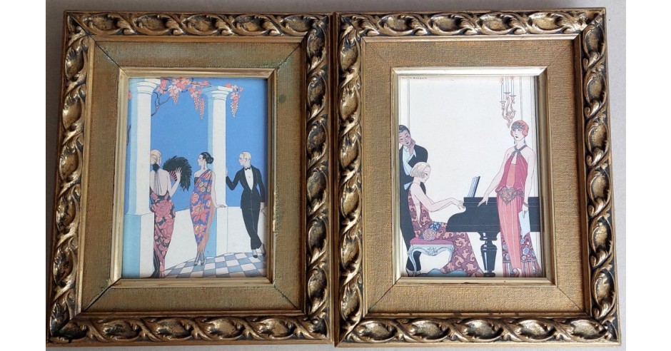 Scene aristocrate - 2 tablouri Art Deco cu rame aurii, reproduceri dupa ...