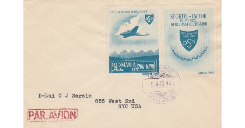 1945 Romania - Plic circulat extern cu timbrul de Posta Aeriana cu ...