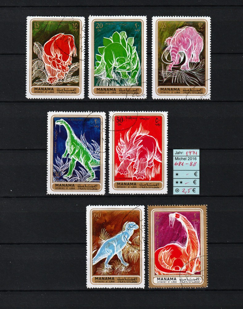Timbre Arabia, Manama, 1971 | Serie 7 valori | Animale preistorice ...
