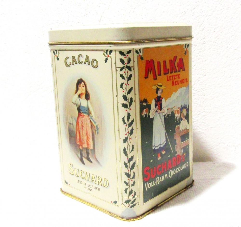 Cutie veche din tabla cu reclama Milka Letzte Neuheit Suchard Cacao ...