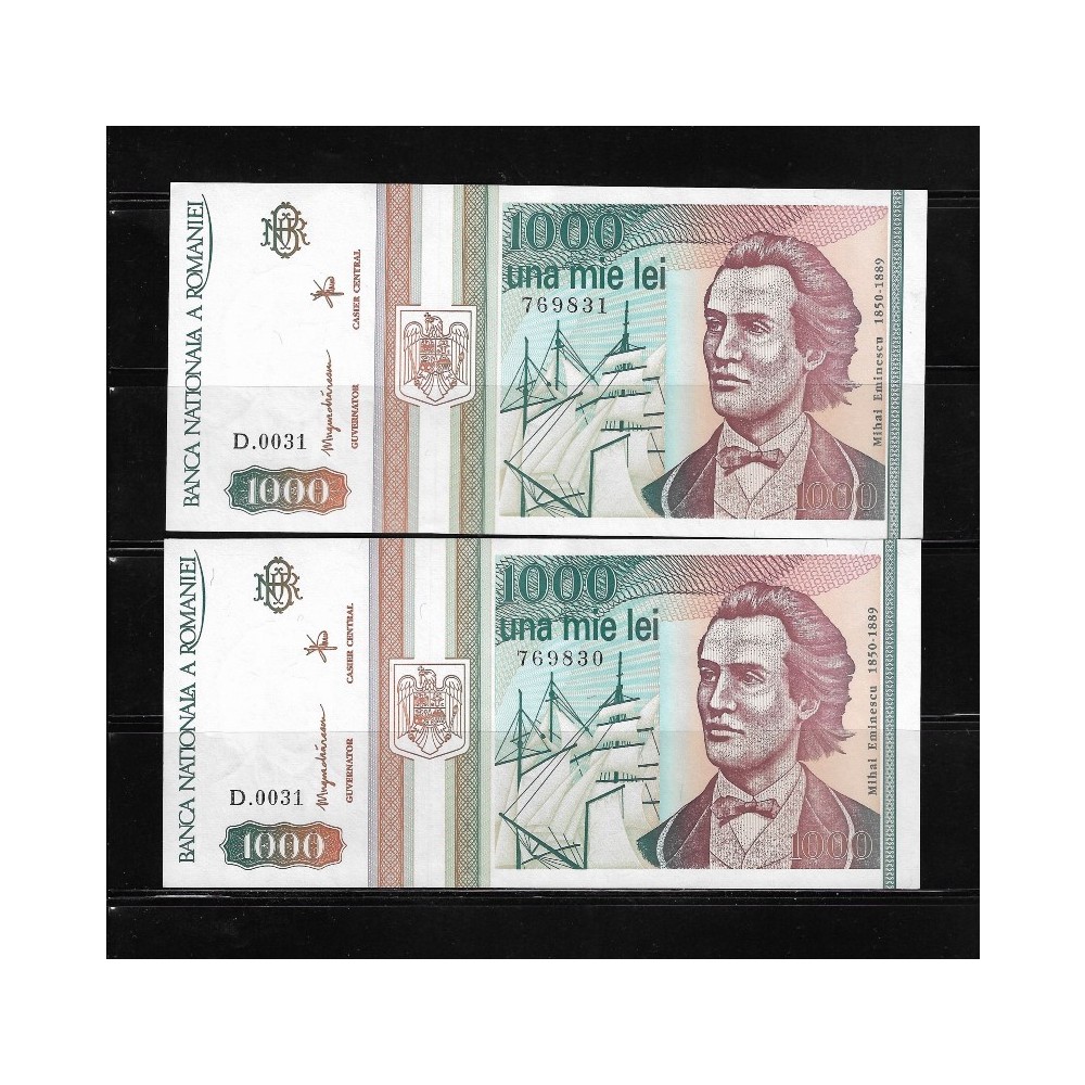 LOT 2 BANCNOTE 1000 1 000 LEI 1993, NECIRCULATE, SERII CONSECUTIVE ...