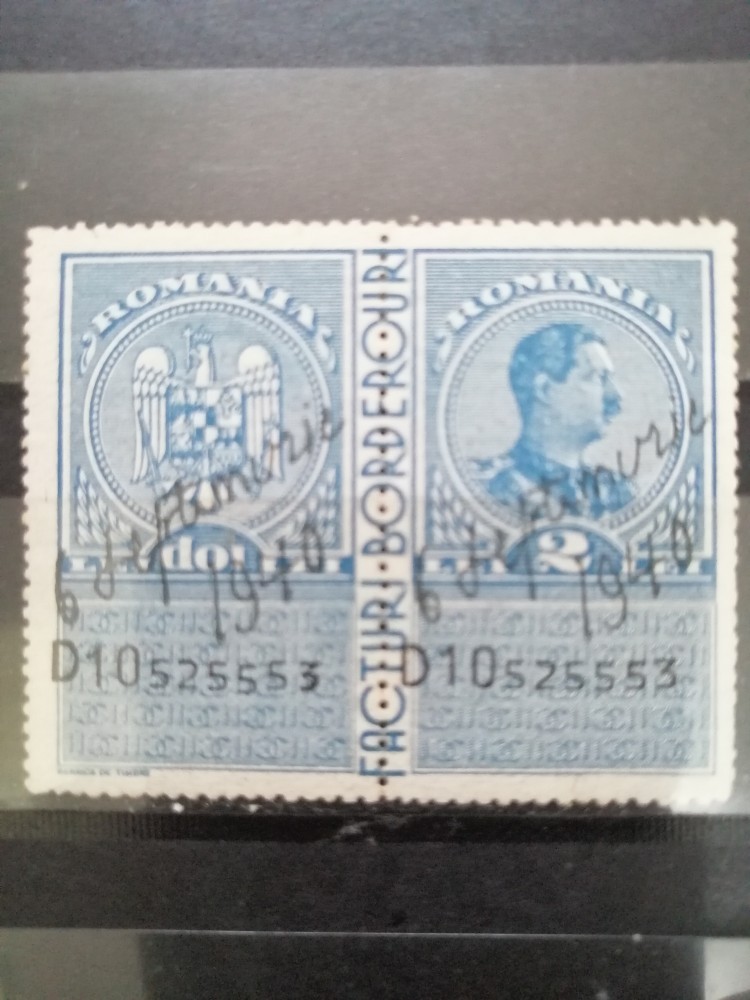 Timbru fiscal Facturi-Borderouri 2 lei cu supratipar 6 septemvrie 1940 ...