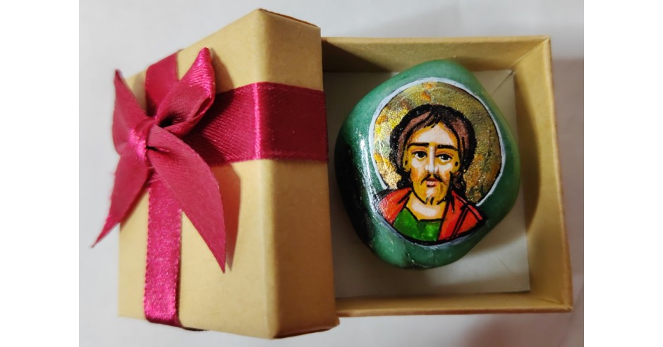 Piatra semipretioasa Aventurin, pictata manual - Iisus Hristos, cutie ...