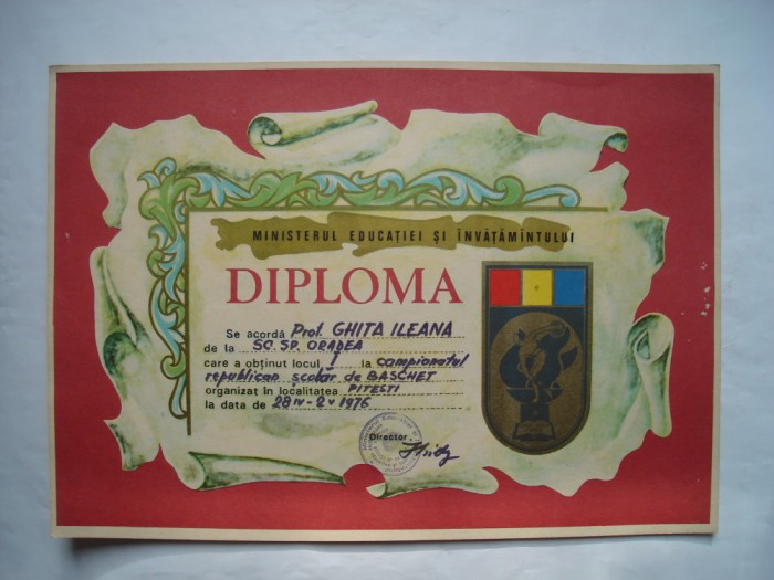 Diploma Ministerul Educatiei si Invatamantului, 1976, baschet | Okazii.ro
