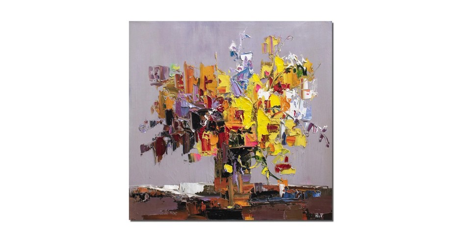 Tablou aranjament floral stilizat pictat manual, 90x90cm ulei pe panza ...