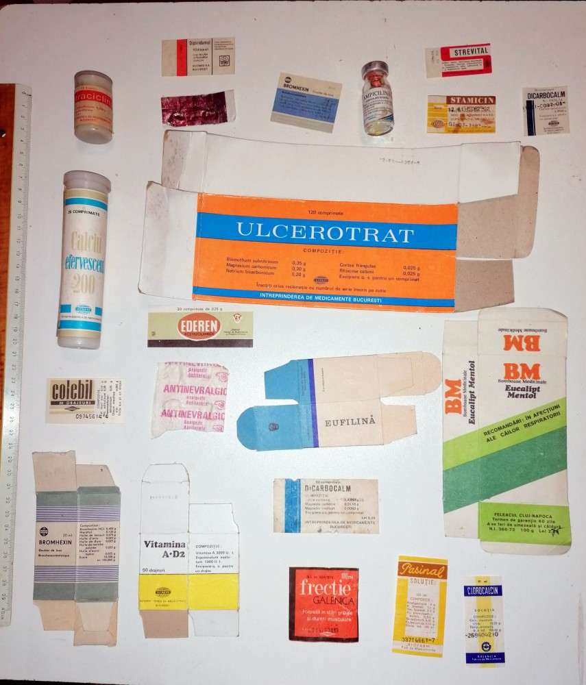 RARE = LOT 21 AMBALAJE VECHI ROMANESTI / CUTII / ETICHETE MEDICAMENTE ...