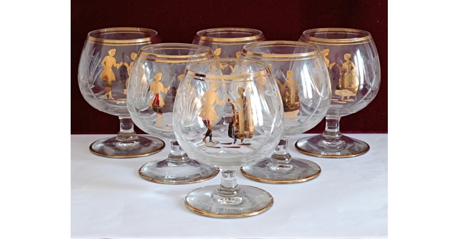 Set antic rar din 6 pahare de coniac, cristal Murano gravat si pictat ...
