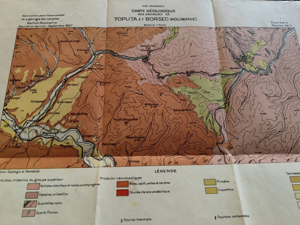 Harta geologica 1927, zona Toplita si Borsec, litografie, 25x30 cm, Ion ...