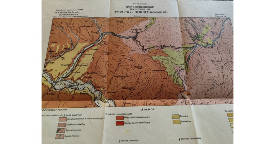 Harta geologica 1927, zona Toplita si Borsec, litografie, 25x30 cm, Ion ...
