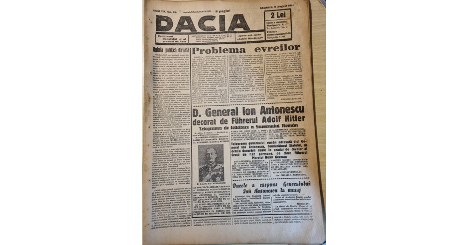 Ziarul dacia 9 august 1941-maresalul antonescu decorat de adolf hitler ...