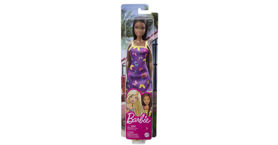 BARBIE PAPUSA CLASICA BRUNETA CU ROCHITA MOV CU IMPRIMEU CU FLUTURI ...