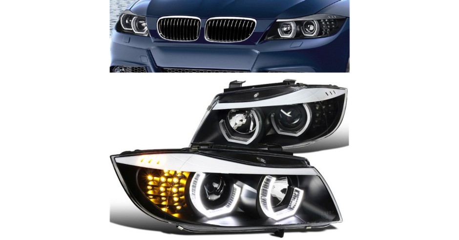 Far faruri BMW E90 E91 NFL 3D Angel Eyes + semnalizari LED negru NOU ...