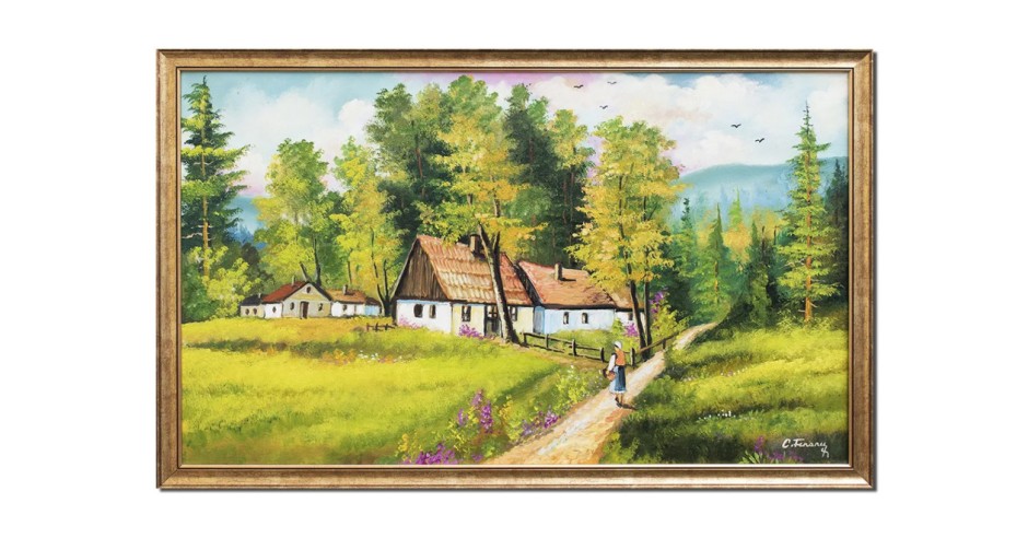 Tablou peisaj de la munte pictat manual inramat, Amintiri din copilarie ...