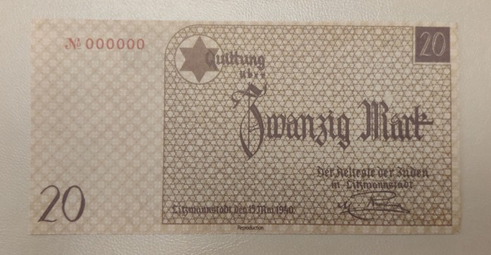 Reproducere Germania - 20 Mark 1940 Litzmannstadt (Lodz Ghetto, Poland ...