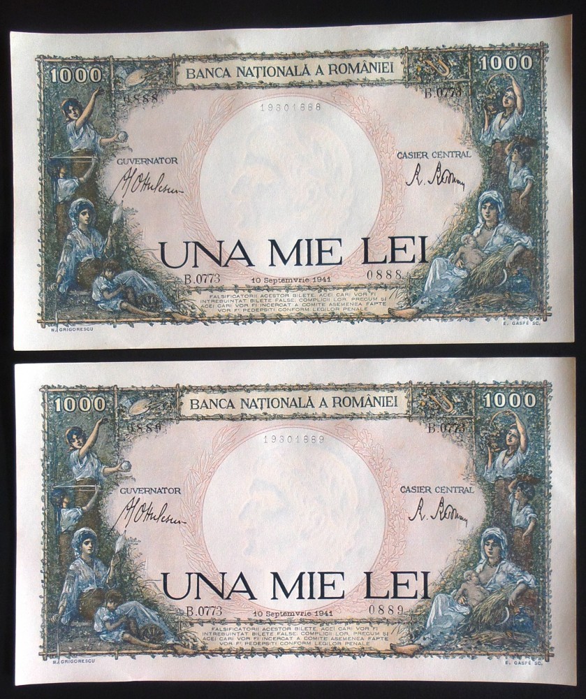 Lot/Set 2 Bancnote Serii Consecutive 1000 Lei- ROMANIA, anul 1941 *cod ...