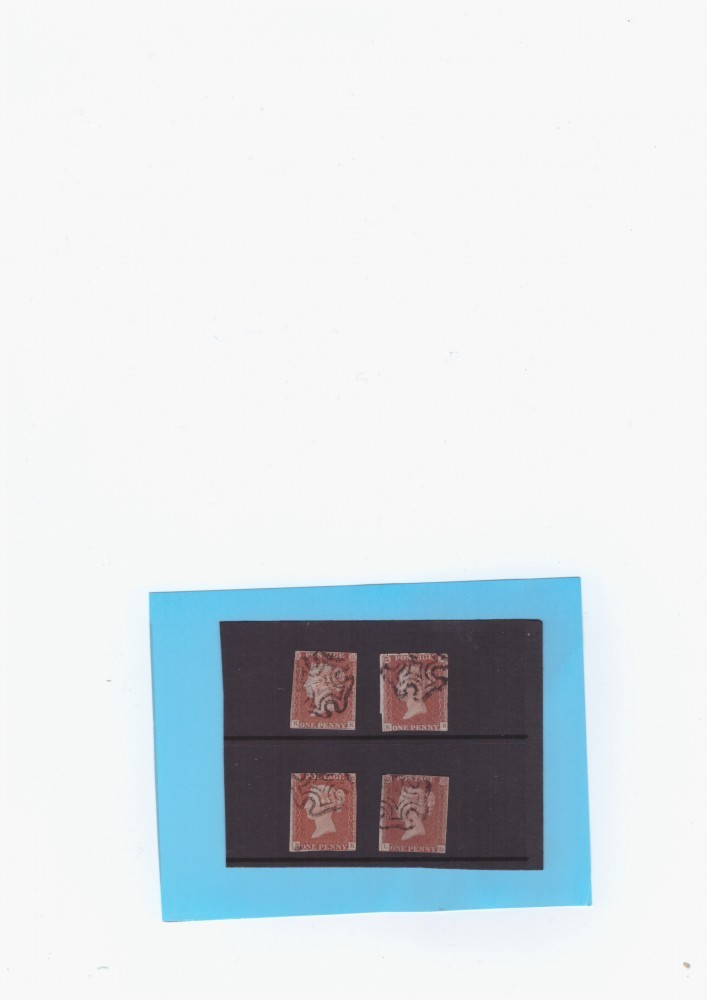157-GB-ANGLIA-1841-Lot de 4 timbre Mi 3-0ne peny stampilate,CRUCEA ...