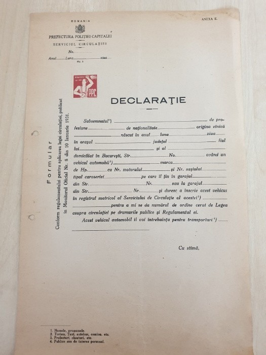 Document regalist. Declaratie auto Prefectura Politia Capitalei, anii ...