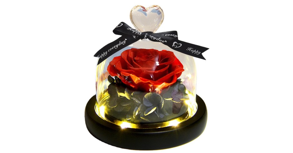 Trandafir Artificial in Cupola Sticla, Baza Lemn, Decor Roz/Rosu/Galben ...