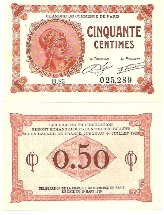 !! RARR : FRANTA , CAMERA DE COMERT PARIS - 50 CENTIME 1920 - UNC / CEA ...