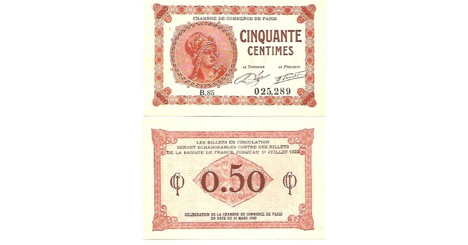 !! RARR : FRANTA , CAMERA DE COMERT PARIS - 50 CENTIME 1920 - UNC / CEA ...