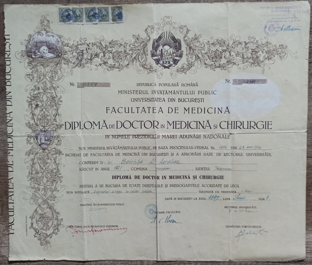 Diploma de doctor in medicina si chirurgie, Bucuresti 1949, Aurelian ...