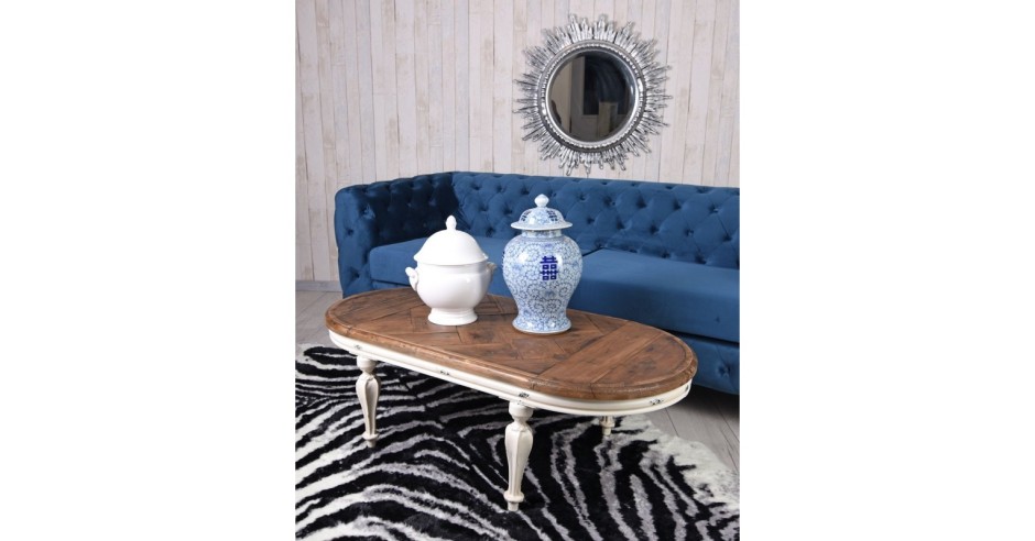 Masa ovala living din lemn masiv alb antichizat cu blat din lemn maro ...