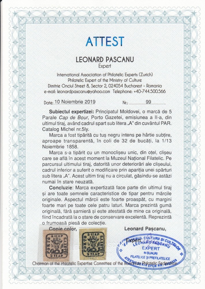 1858 LP 5 MOLDOVA 5 PARALE CAP DE BOUR EMISIUNEA a II-a ATESTAT L ...