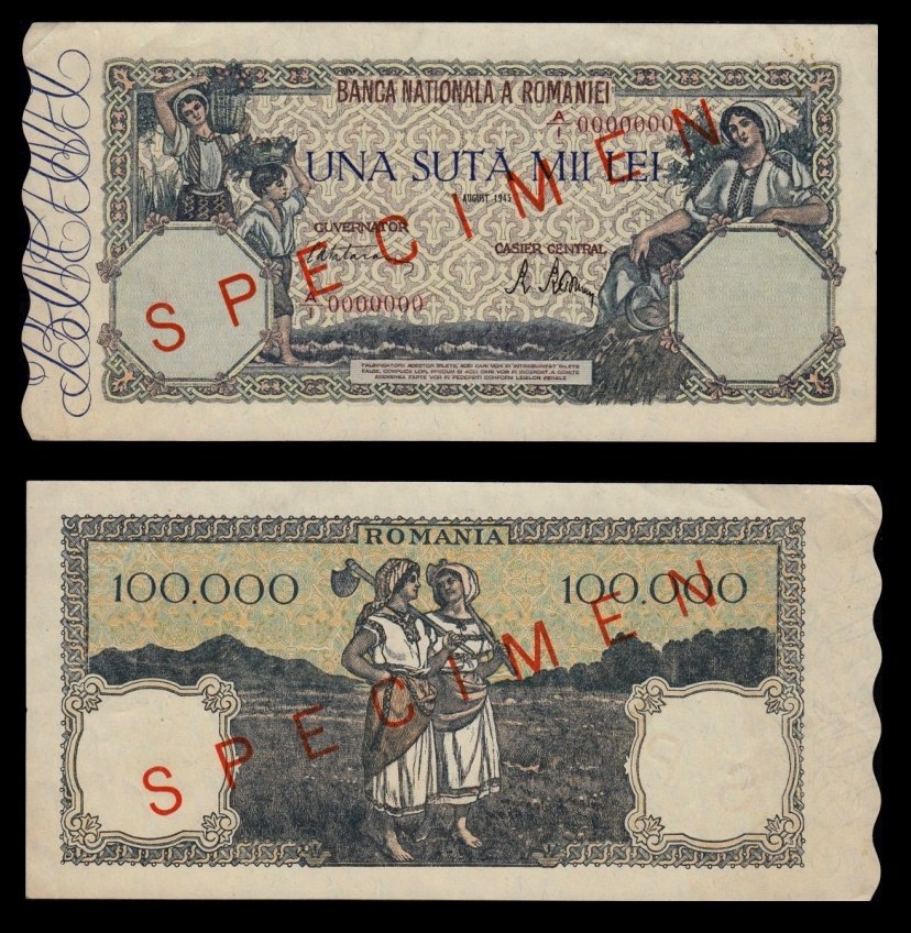 Bancnote Romania, bani vechi, 100000 lei 1945- SPECIMEN aUNC -foarte ...