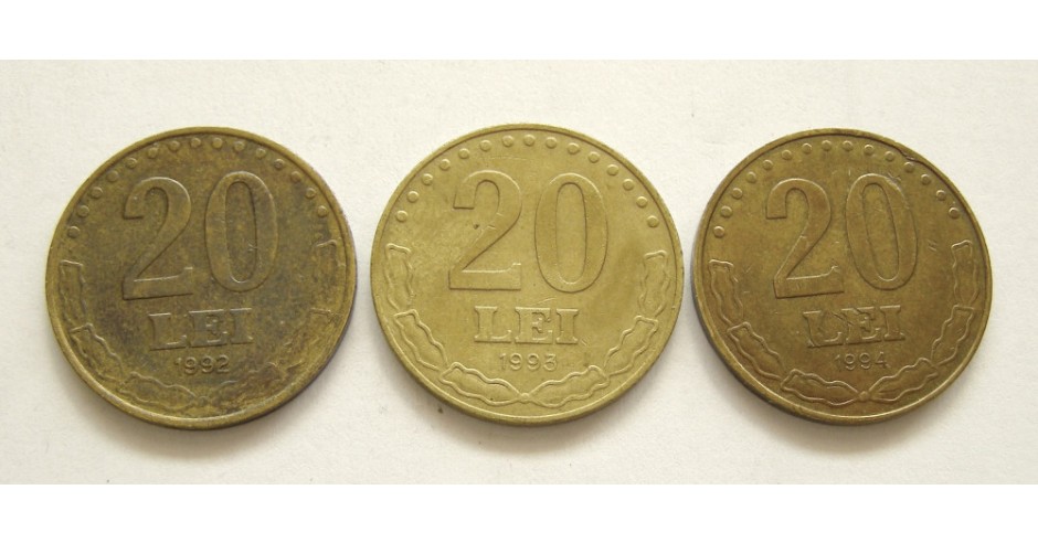Q149 SET MONEDE DE 20 LEI 1992 + 1993 + 1994 FOARTE FRUMOASE, Cupru ...
