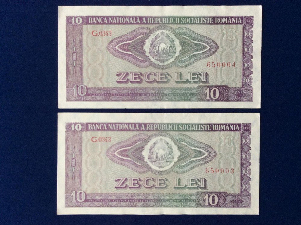 Bancnote Romania -2 bancnote 10 lei 1966-serii consecutive (starea care ...